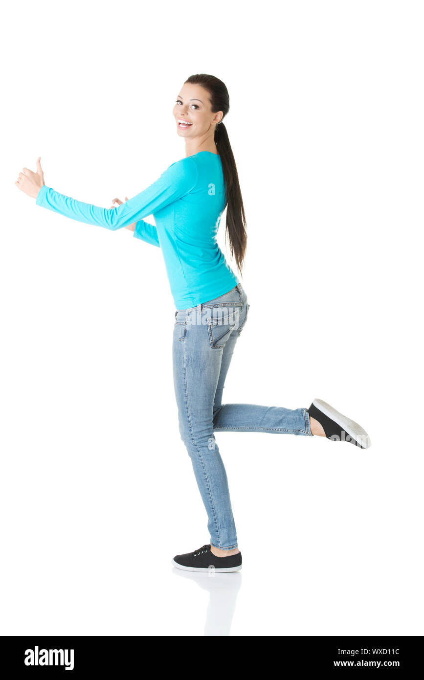 Happy student girl running, isoalated on white background Stock Photo ...