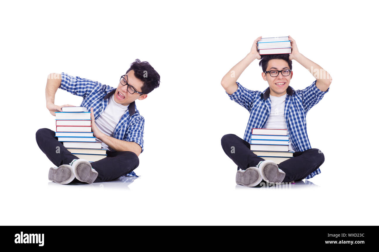 Student with lots of books on white Stock Photo - Alamy