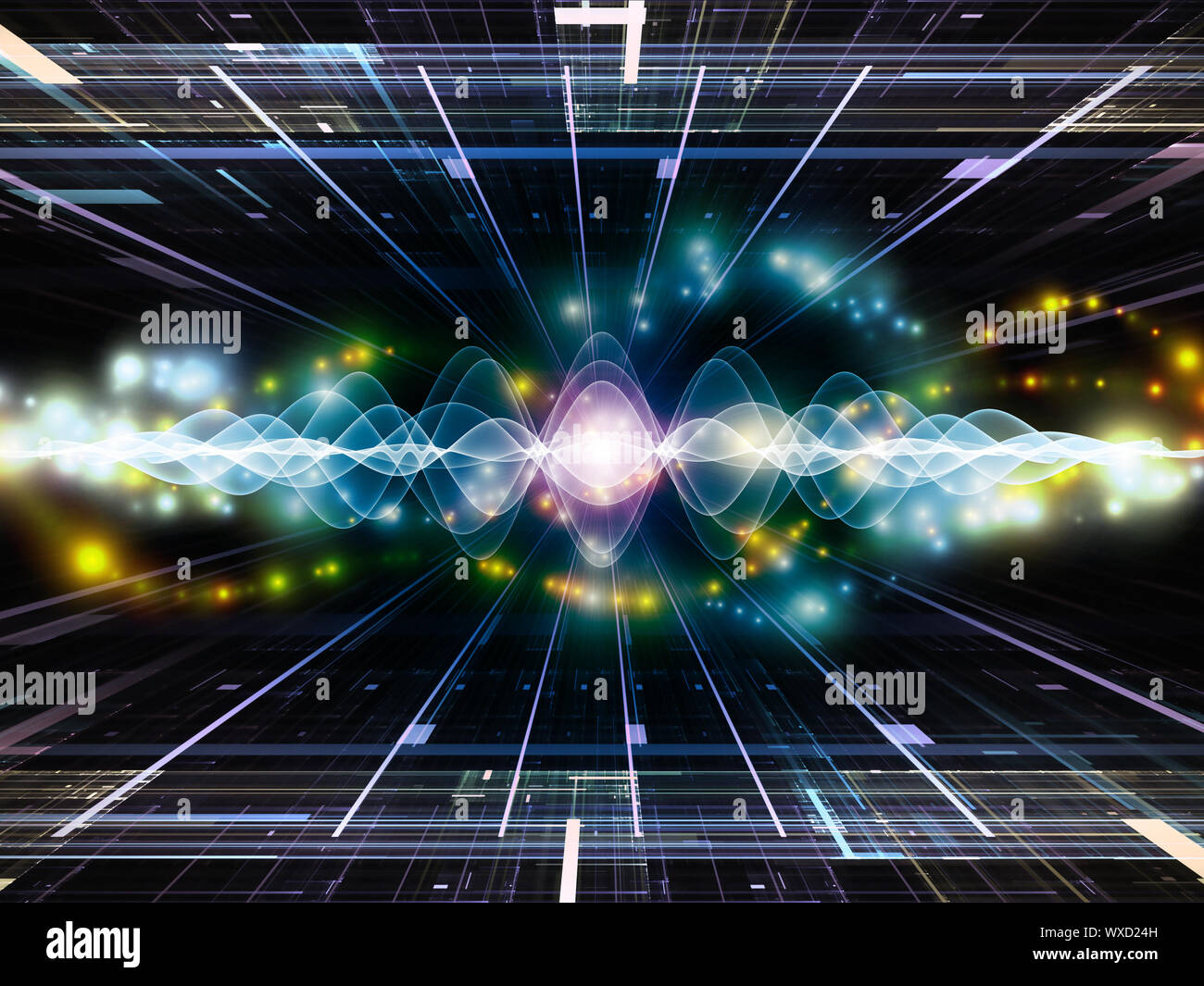 Composition of perspective fractal grids, lights, mathematical wave and ...