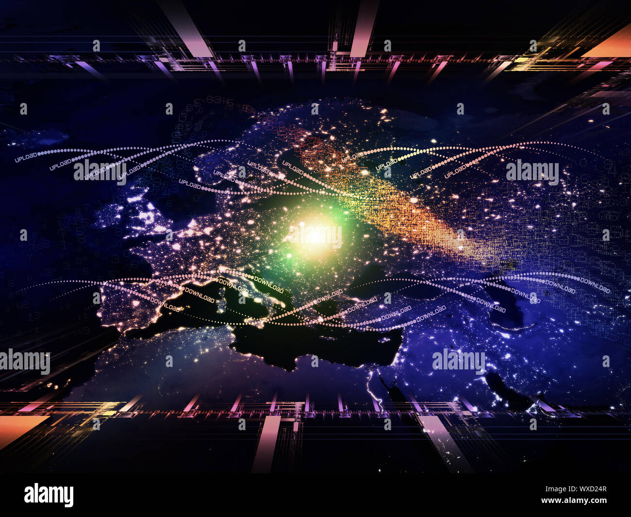 Design composed of lights, numbers, grids and satellite imagery ...