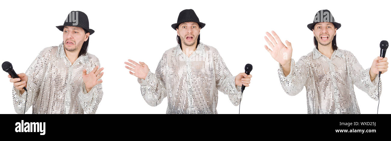 Young man singing with microphone isolated on white Stock Photo - Alamy