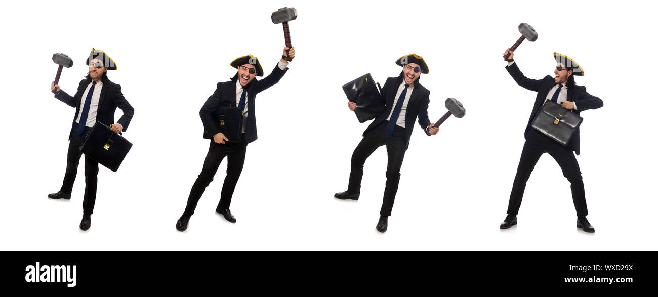 Pirate businessman with hammer and briefcase isolated on white Stock ...