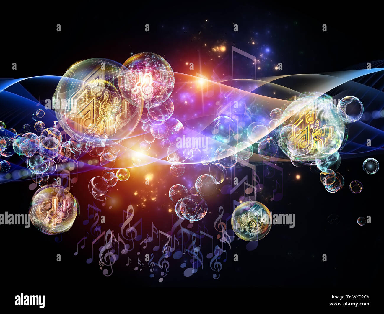 Bubble Symphony series. Composition of musical notes, fractal spheres ...