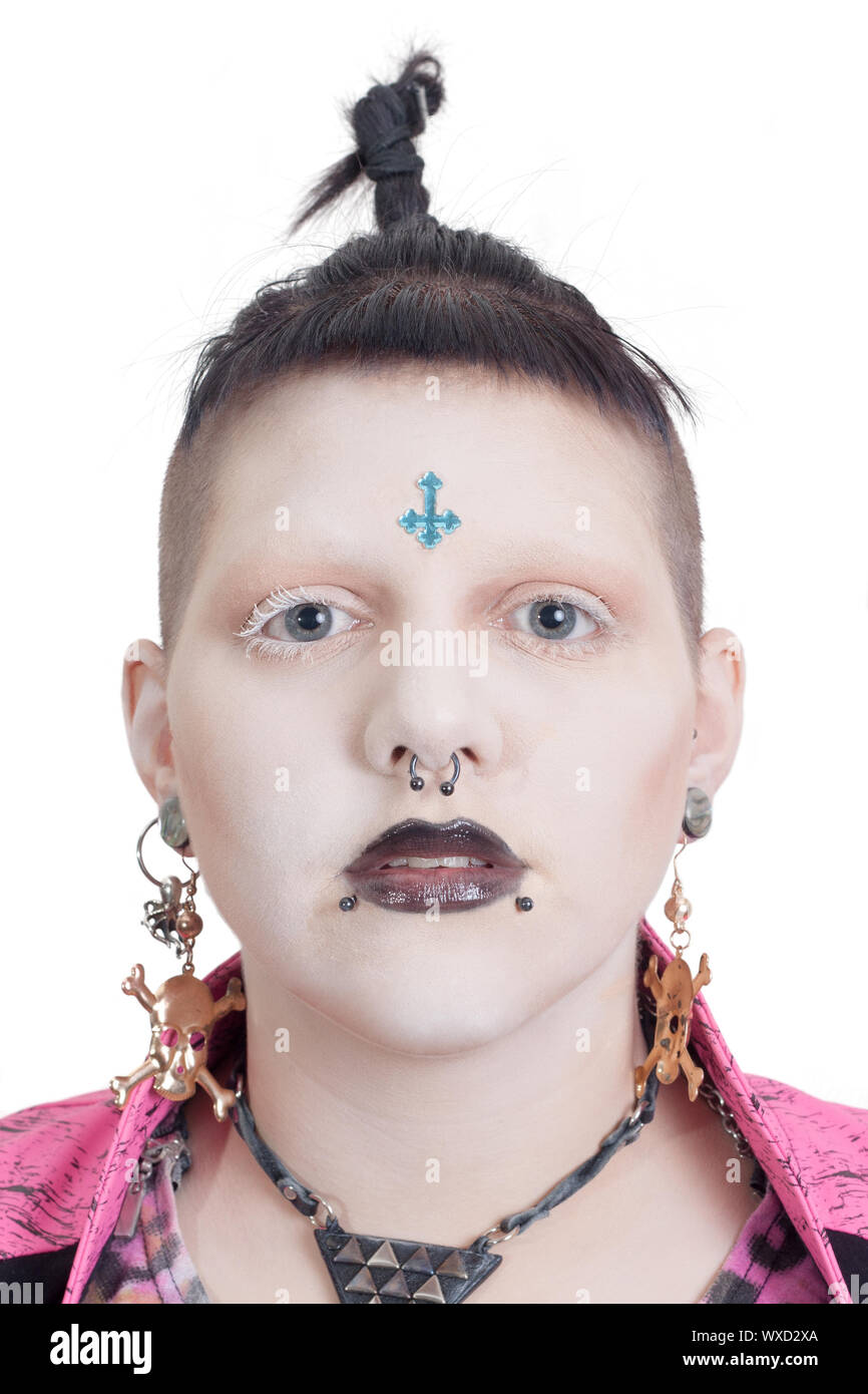 Headshot of a postpunk girl in pink - isolated on white background ...