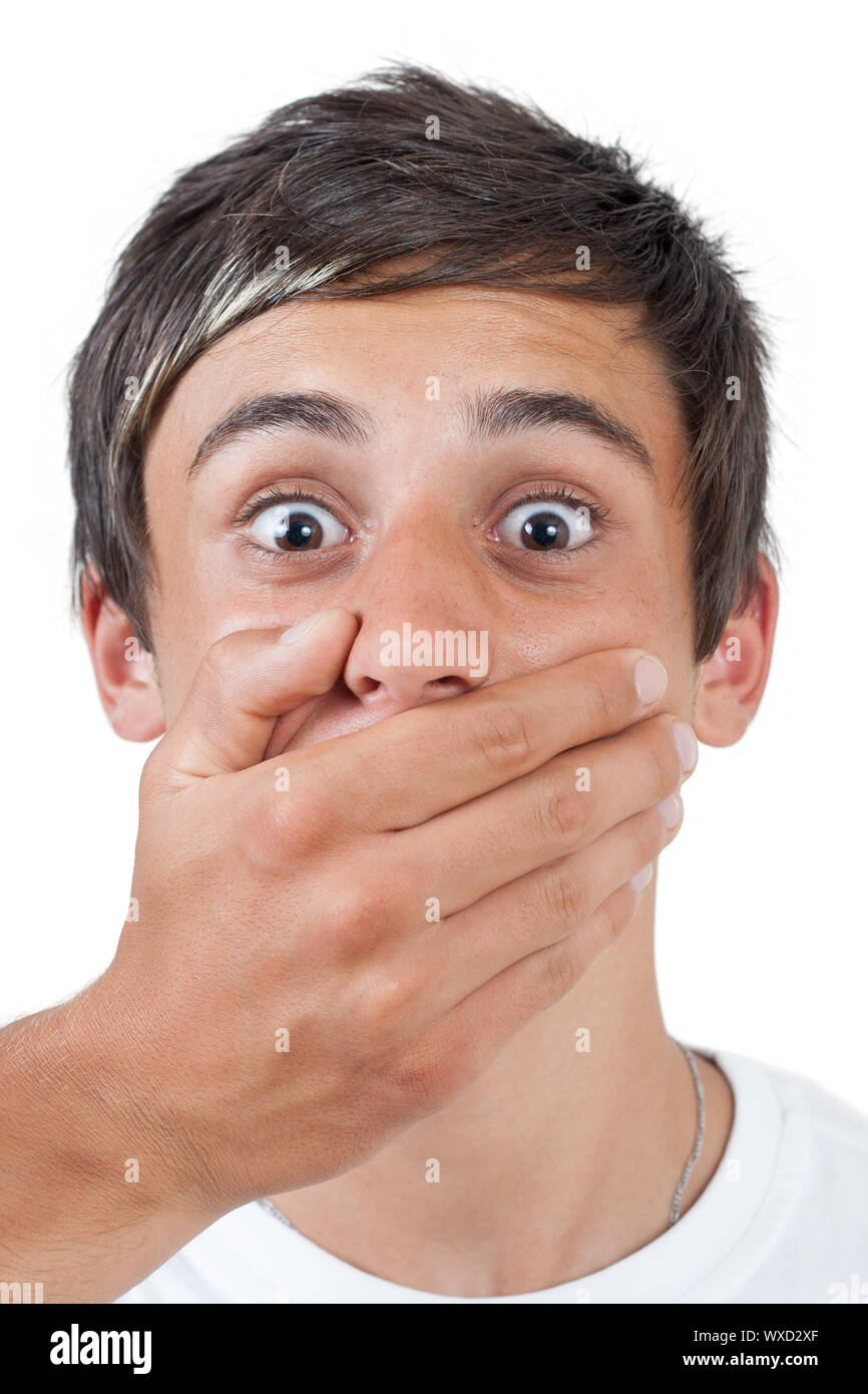 Afraid Swarthy Victim Man With Hand Covering His Mouth Isolated On