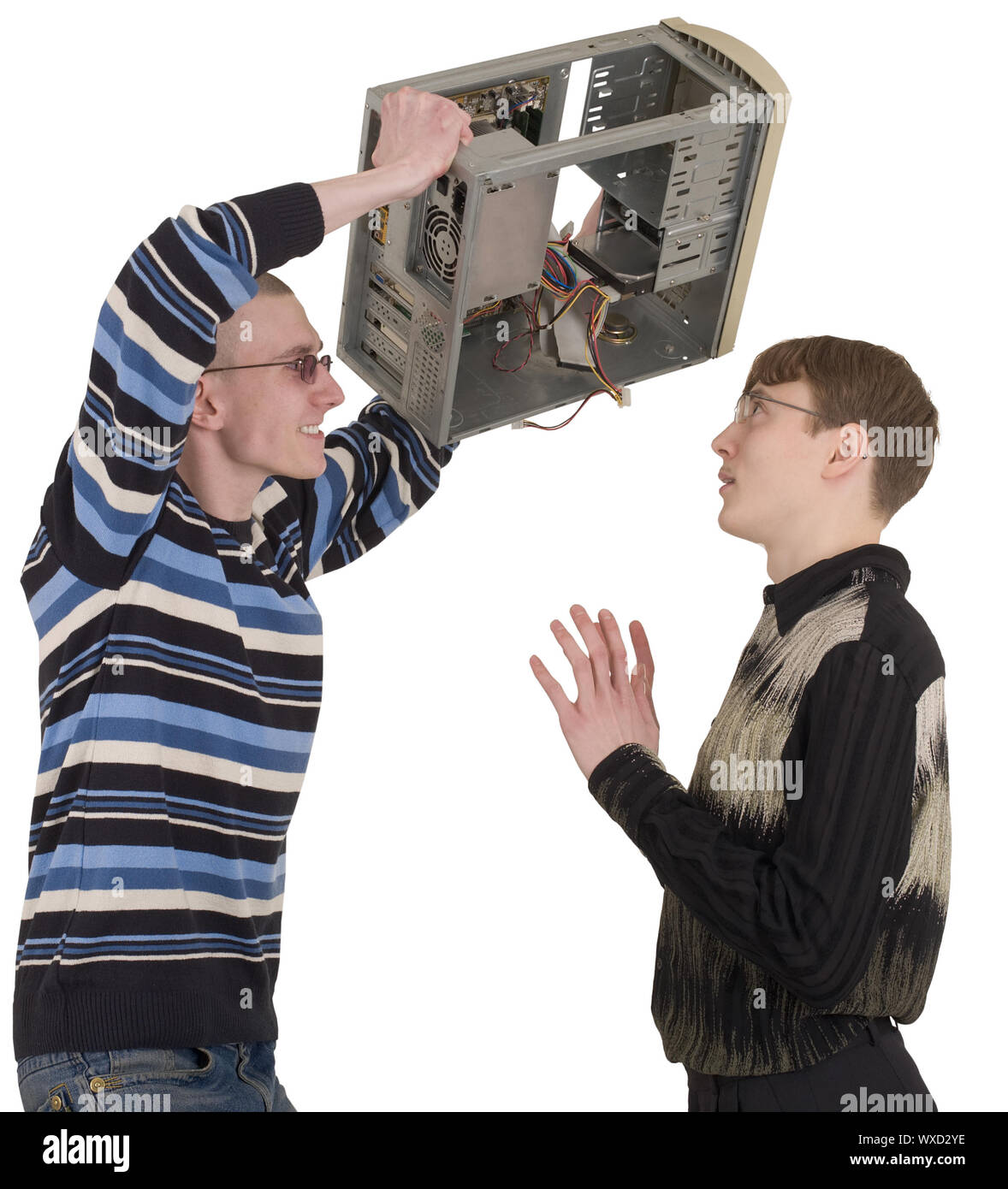 Serviceman covered computer on head client on white Stock Photo - Alamy