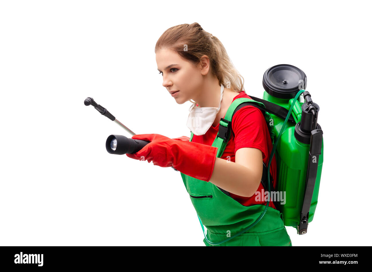 Female pest control contractor isolated on white Stock Photo - Alamy