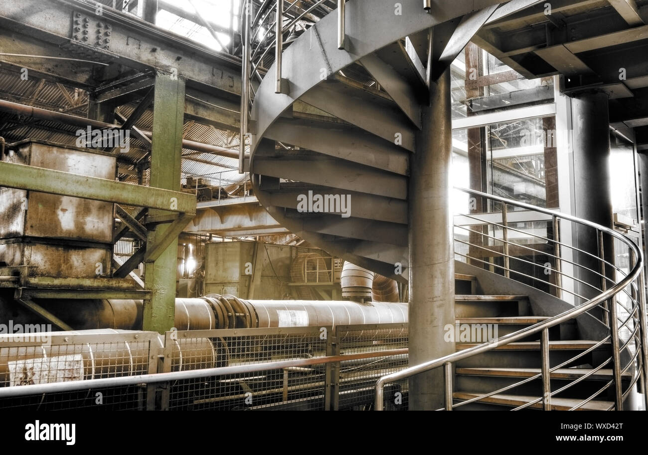 Stair in factory with circle, interior of building scenic Stock Photo ...