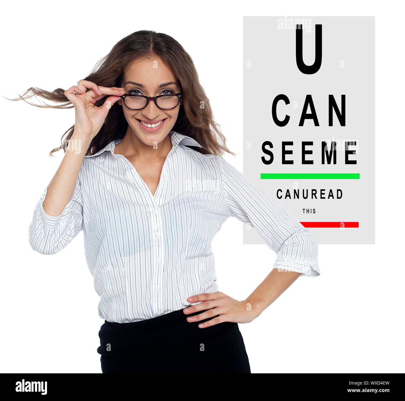 Cheerful woman posing with her new spectacles. My vision is clear now ...