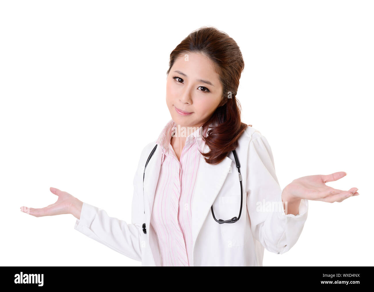 Helpless Asian doctor woman shrug her shoulders, closeup portrait ...