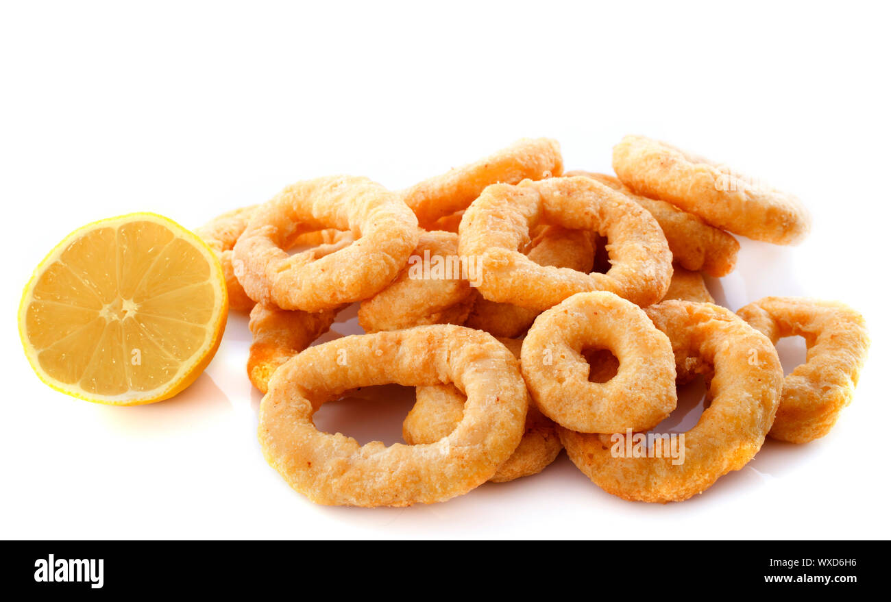 fried calamari in front of white background Stock Photo - Alamy