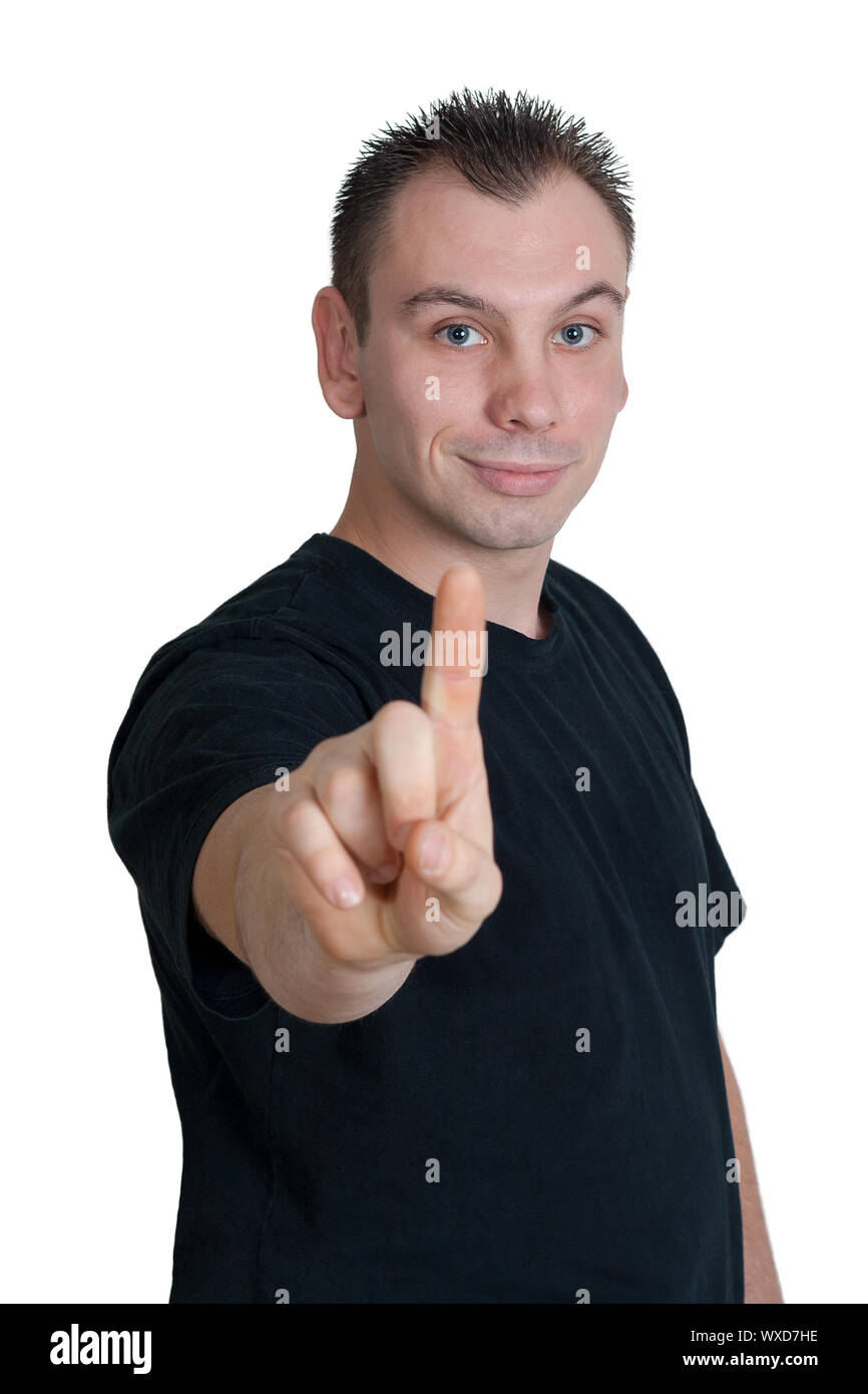 Portrait of a handsome young man pointing finger up - all on white ...