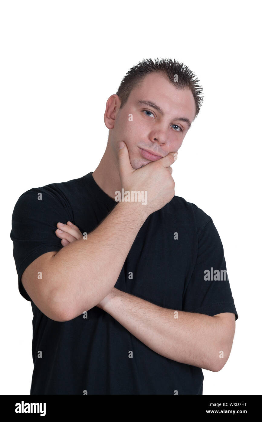 young man with blue eyes thinking about something on white background ...