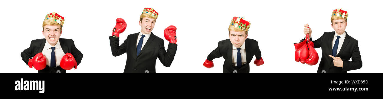 Funny businessman with crown and boxing gloves Stock Photo - Alamy
