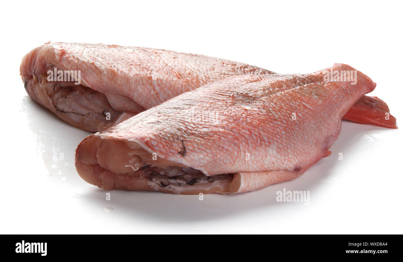 Two raw trunks of rosefish on the white background Stock Photo - Alamy
