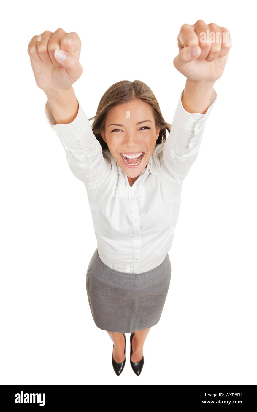 Ecstatic happy woman cheering and winning. Humorous high angle ...