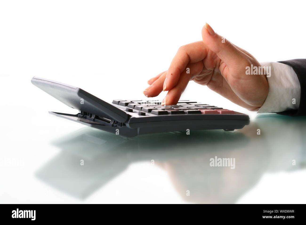 girl hand calculate on white background Stock Photo - Alamy