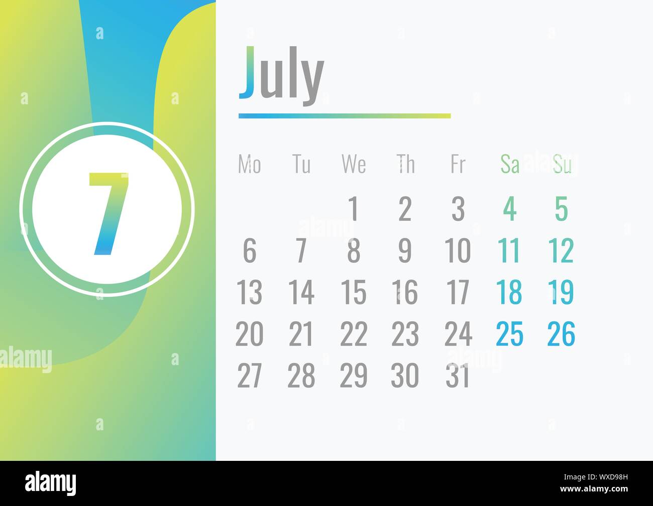 July month calendar 2020 concept banner. Cartoon illustration of July ...