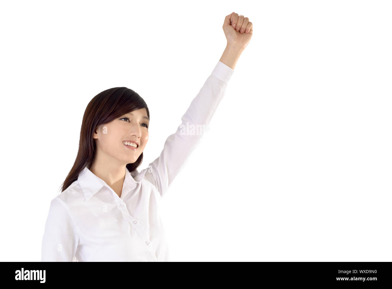 Business woman raise hand with smiling face on white background Stock ...