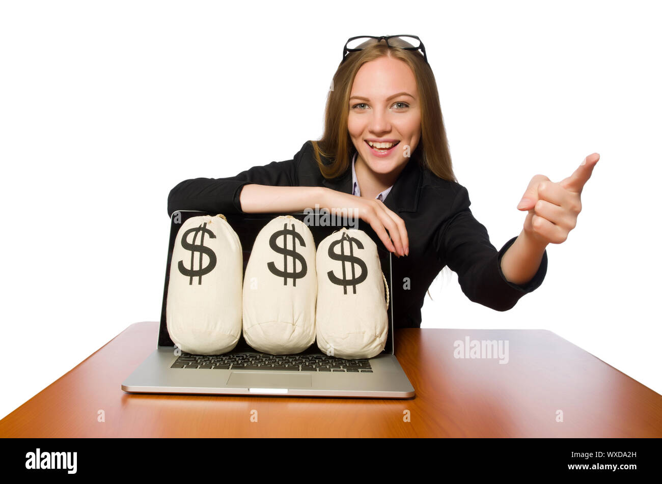 Female employee with money sacks on her table Stock Photo - Alamy