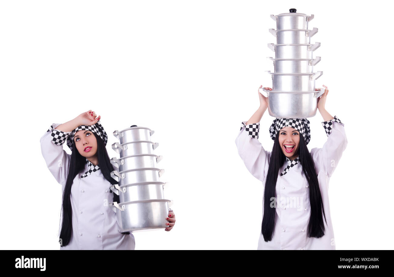 Cook with stack of pots on white Stock Photo - Alamy