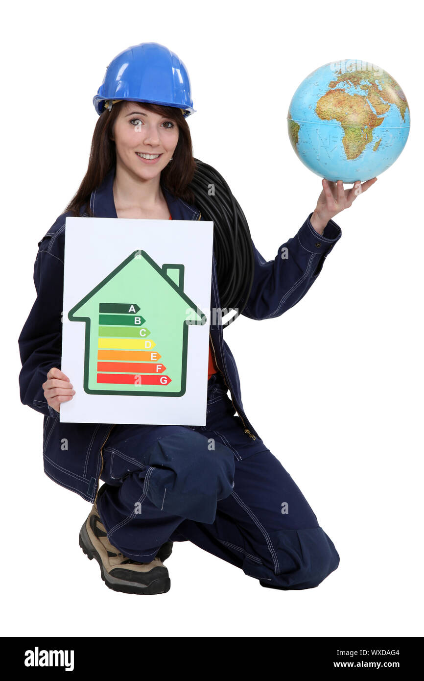 Electrician with a rating sign and a globe Stock Photo - Alamy