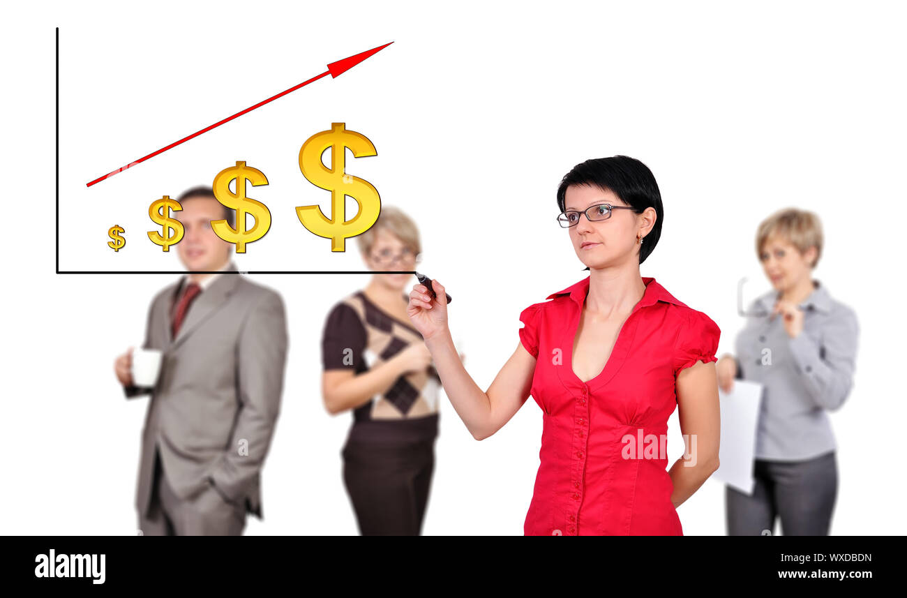 businesswoman drawing dollar chart on a board invisible Stock Photo - Alamy