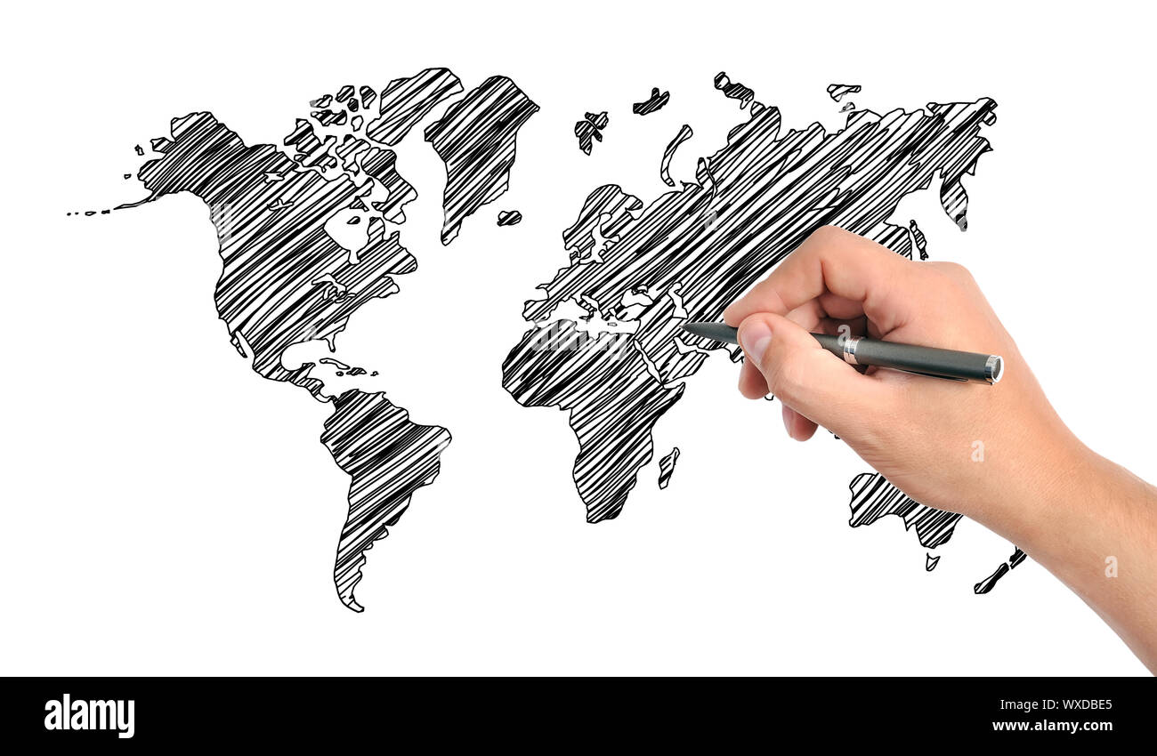 hand drawing world map on white background Stock Photo - Alamy