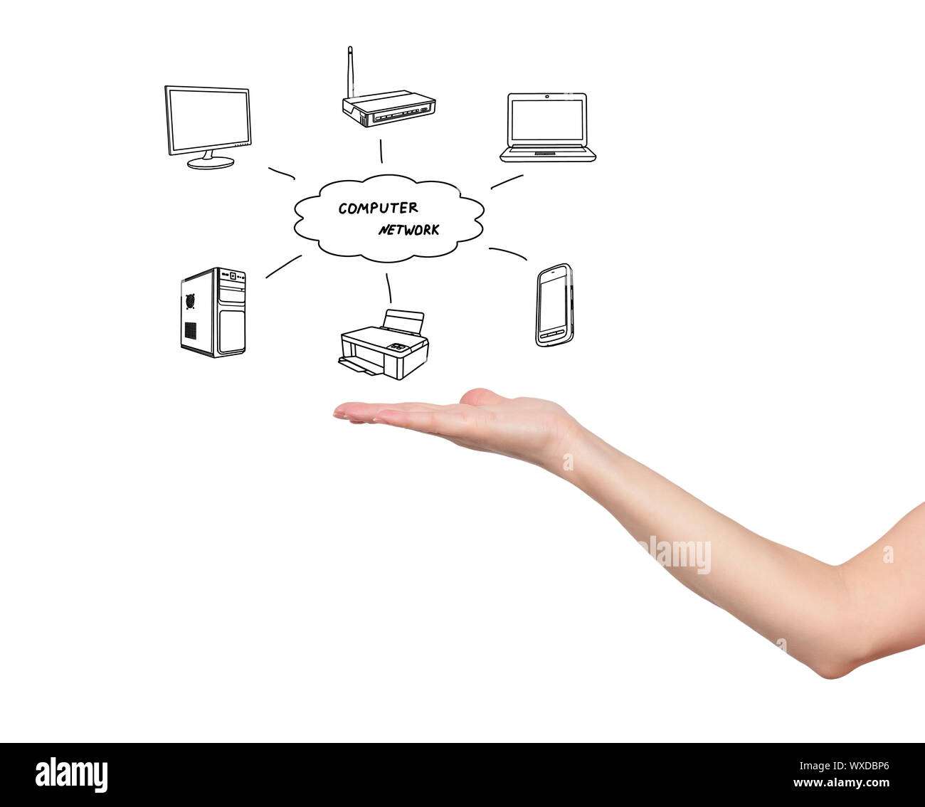 hand and model computer network on white background Stock Photo - Alamy