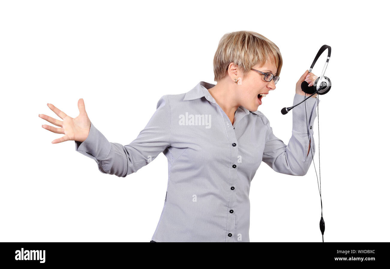 angry shouts into microphone operator Stock Photo - Alamy