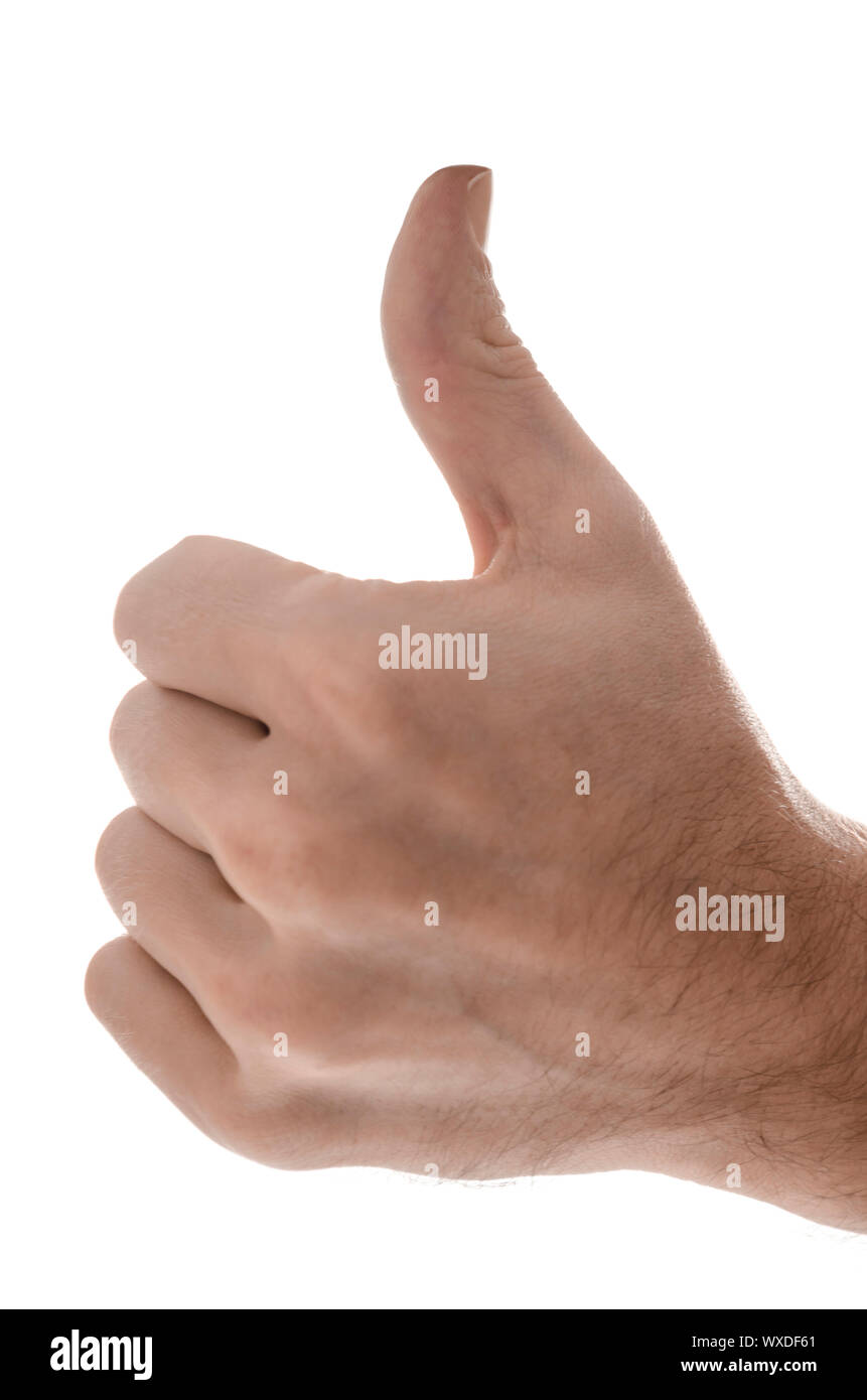 Side view of a male hand showing thumbs up. Isolated on a white ...