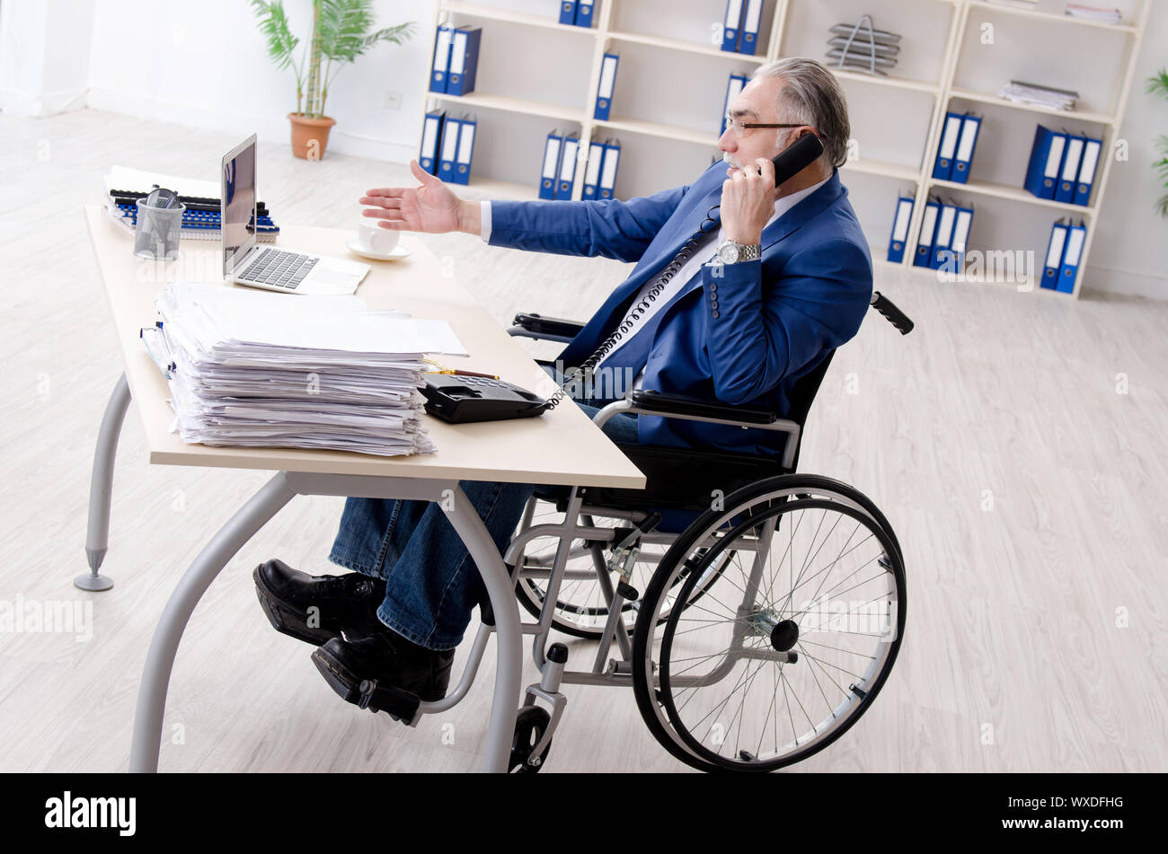 Aged employee in wheelchair working in the office Stock Photo - Alamy