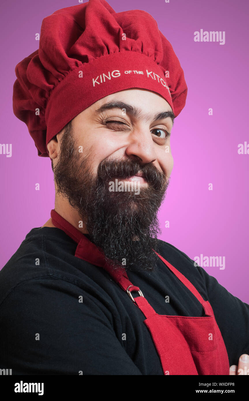 happy bearded chubby chef on pink background Stock Photo - Alamy