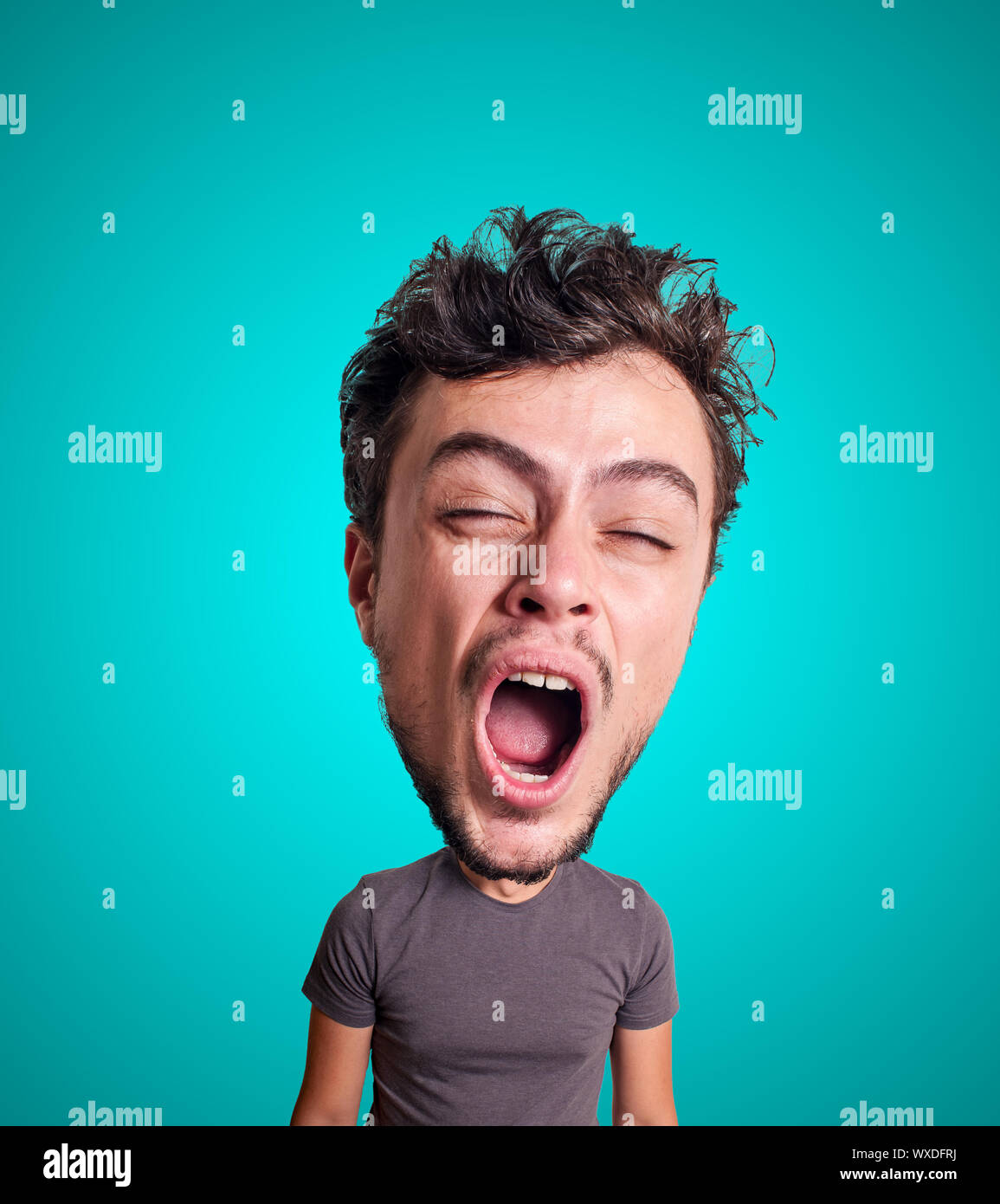 puppet yawning man with big head on blue background Stock Photo - Alamy