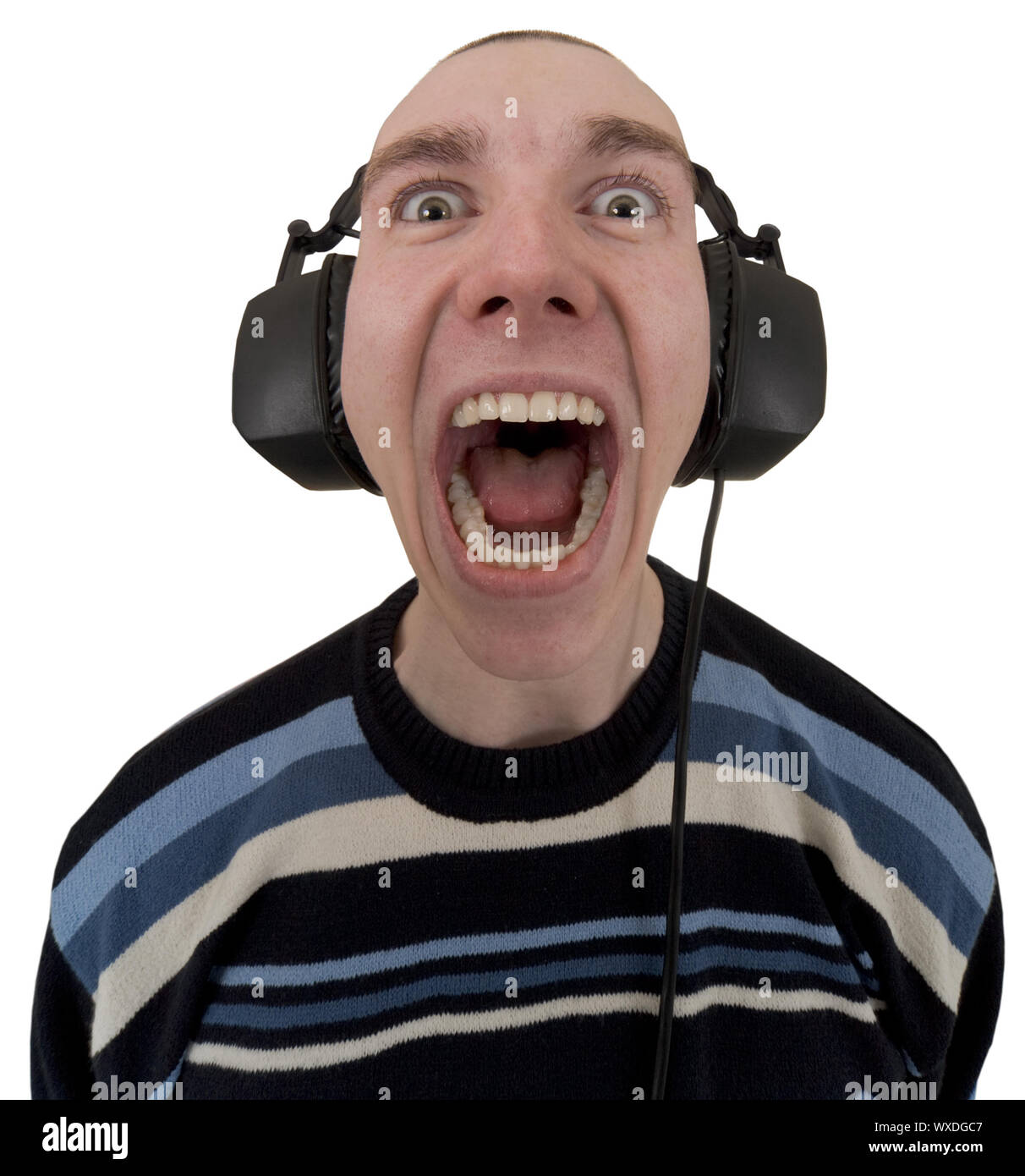 Man in ear-phones yelling songs on white Stock Photo - Alamy