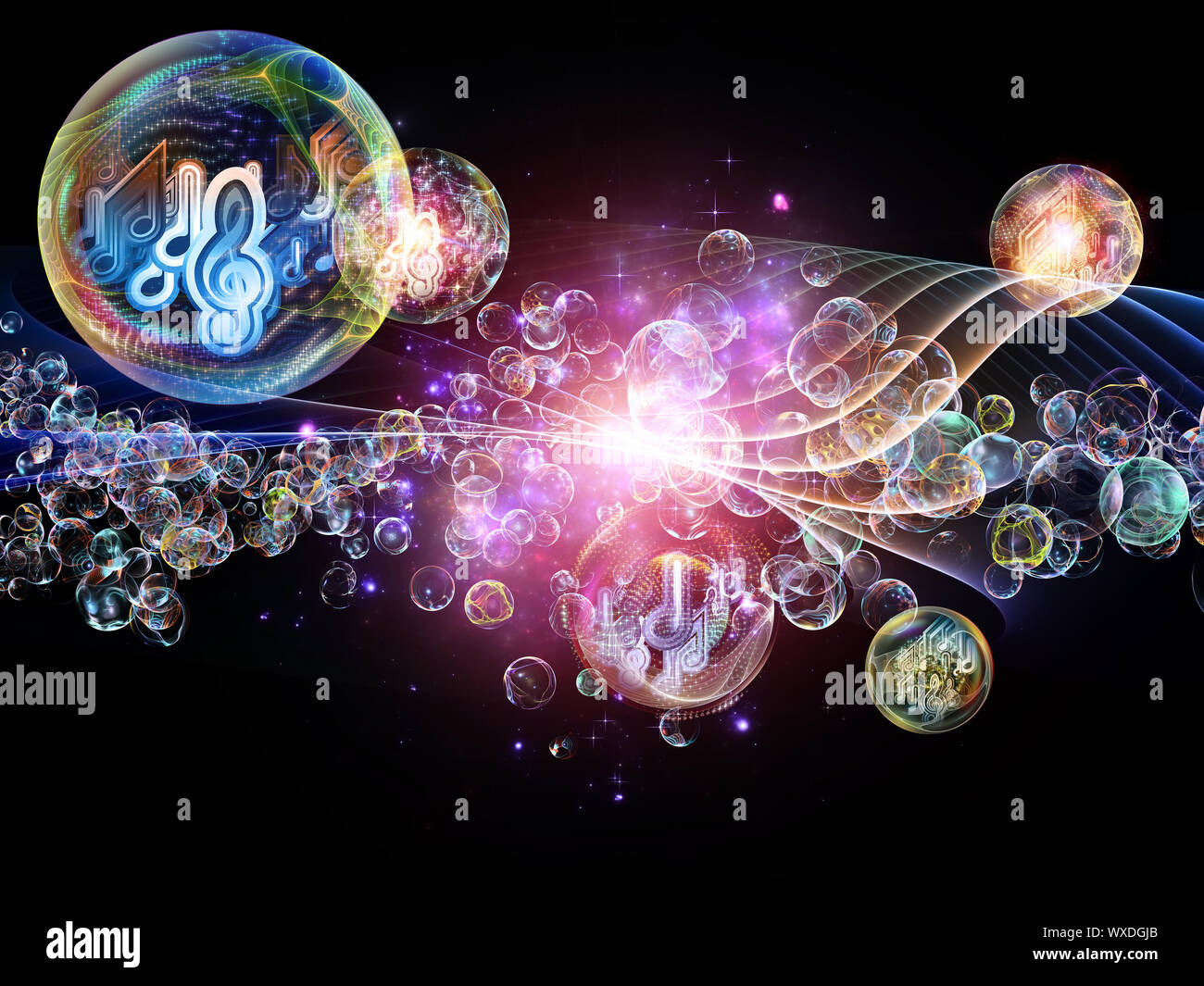 Bubble Symphony series. Composition of musical notes, fractal spheres ...