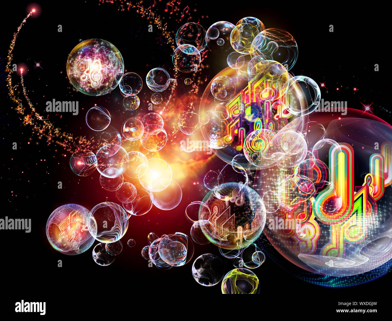 Bubble Symphony series. Composition of musical notes, fractal spheres ...