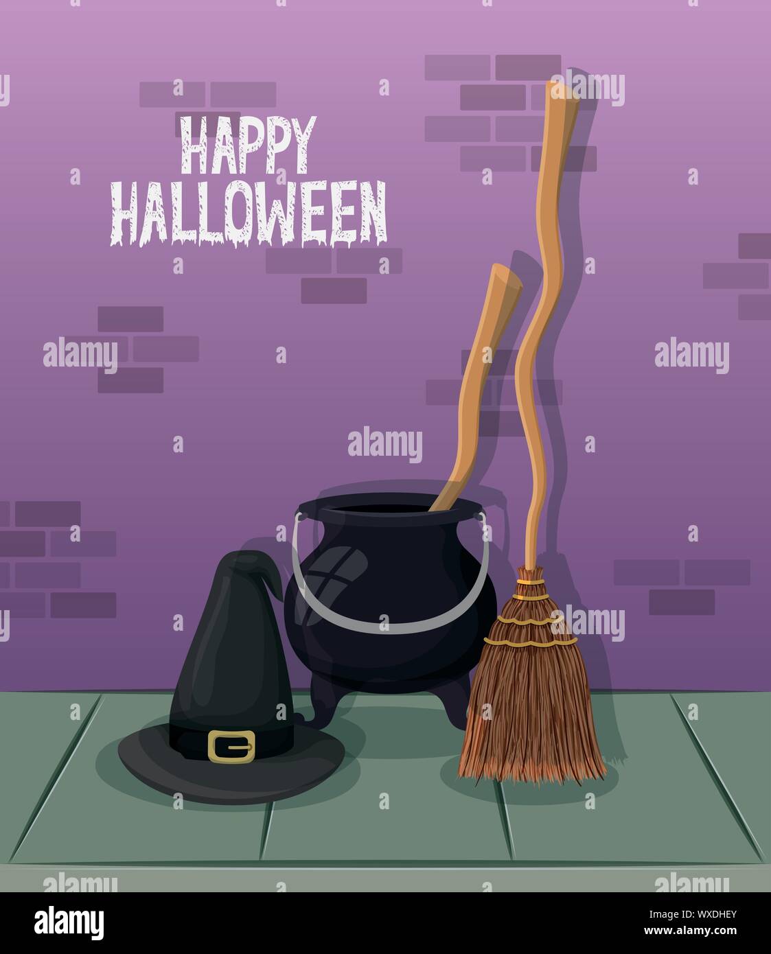 halloween celebration card with witch cauldron and broom Stock Vector ...