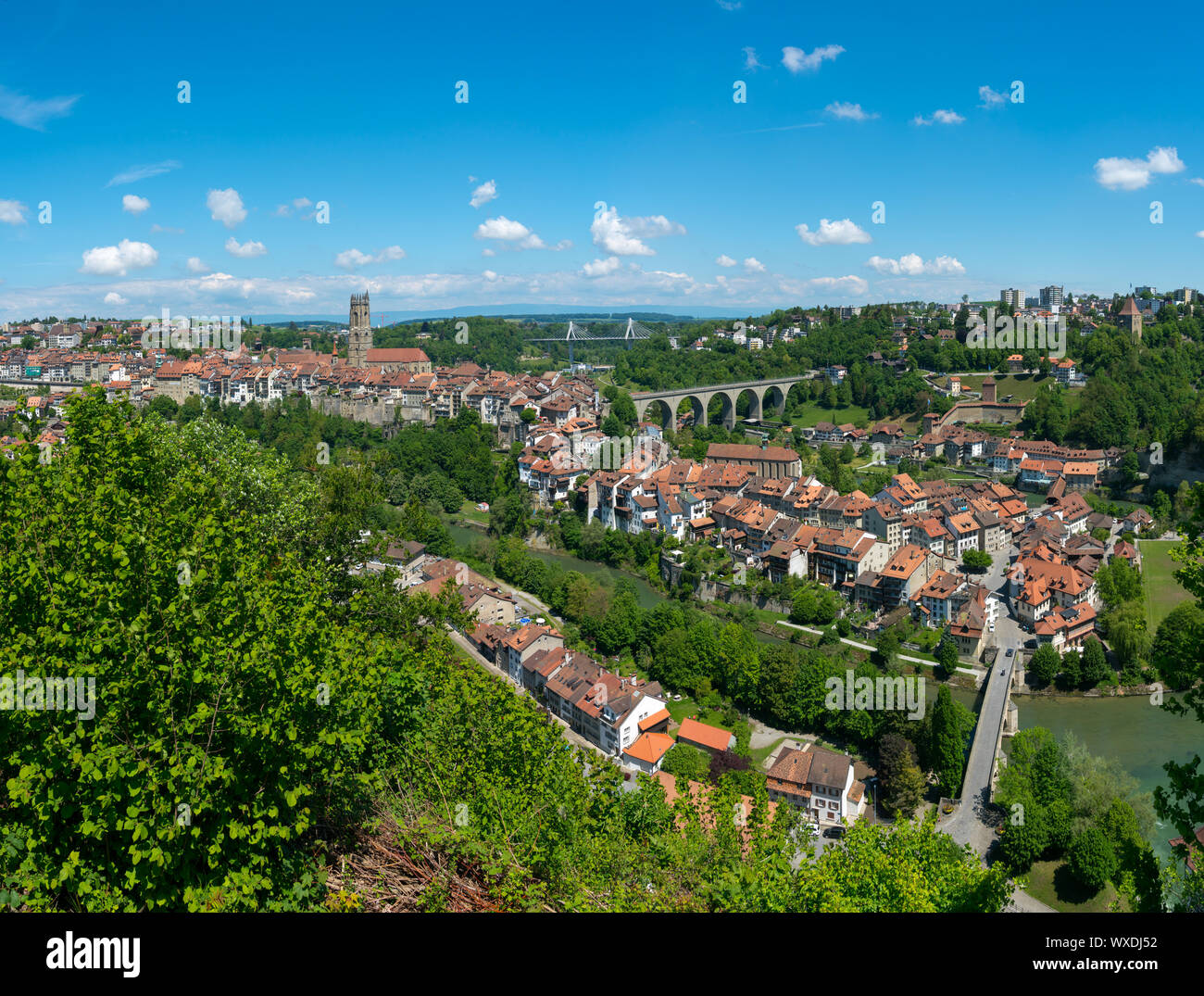 A panorama view of the historic Swiss city of Fribourg with its old ...