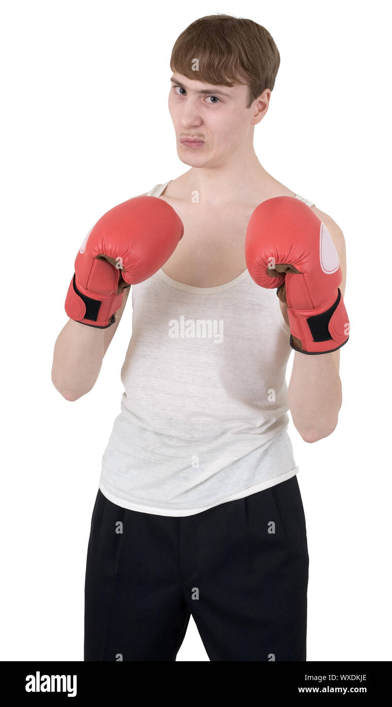 The thin boxer in gloves and sleeveless shirt Stock Photo - Alamy