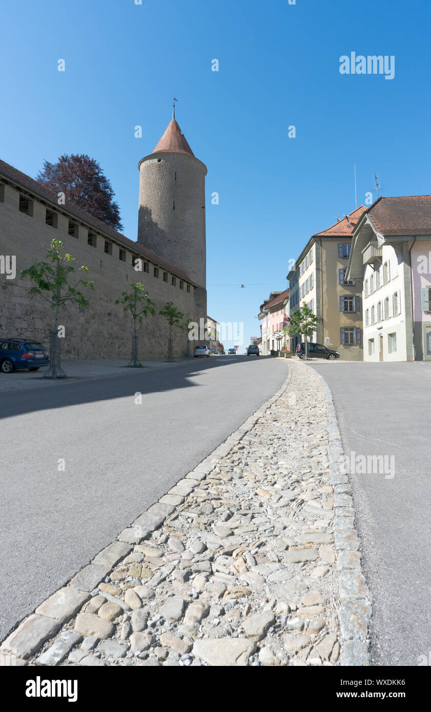 historic city center of the medieval Swiss village of Romont Stock ...