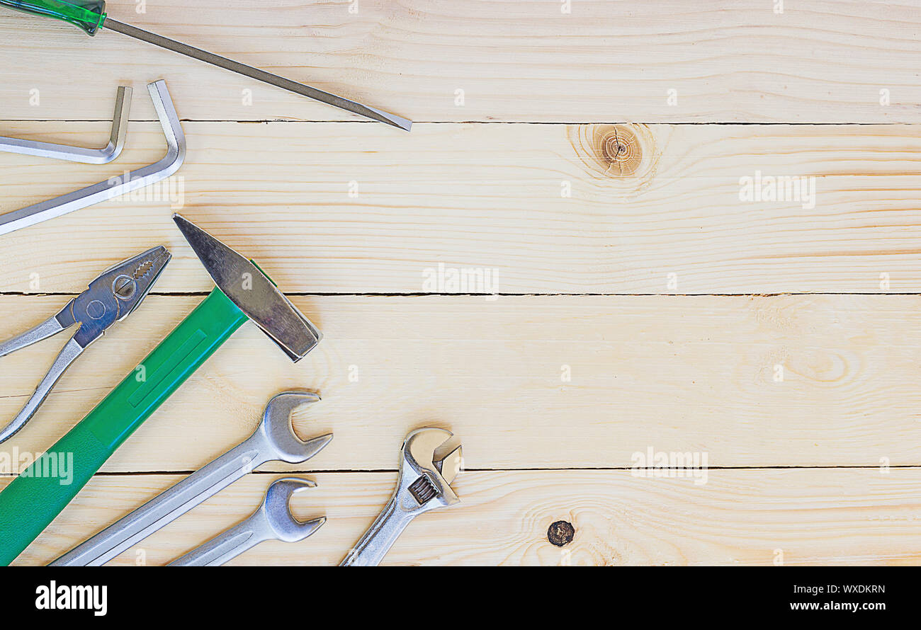 Tool set on wood background, top view, equipment concept Stock Photo ...