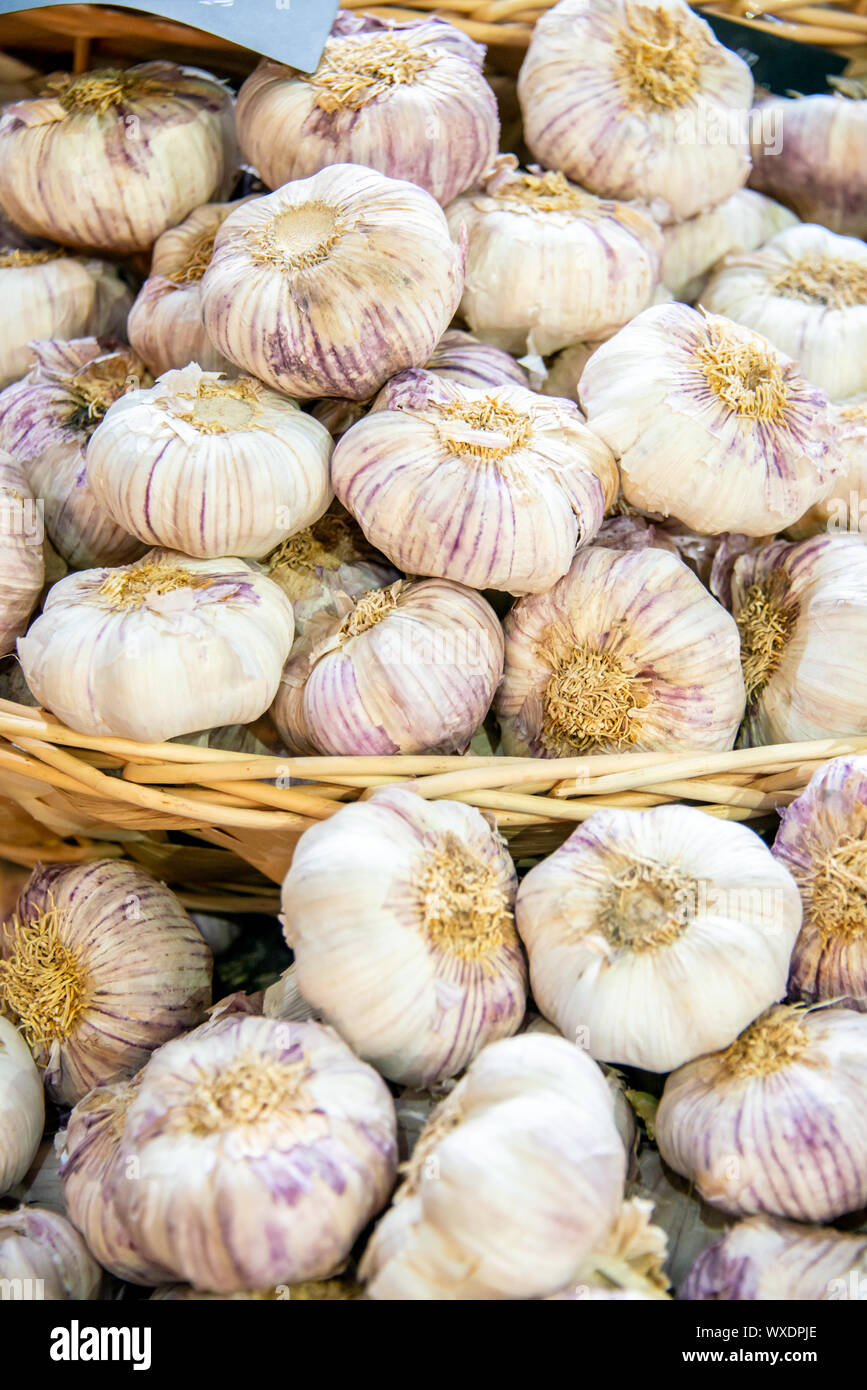 Garlic at the market display stall Stock Photo - Alamy