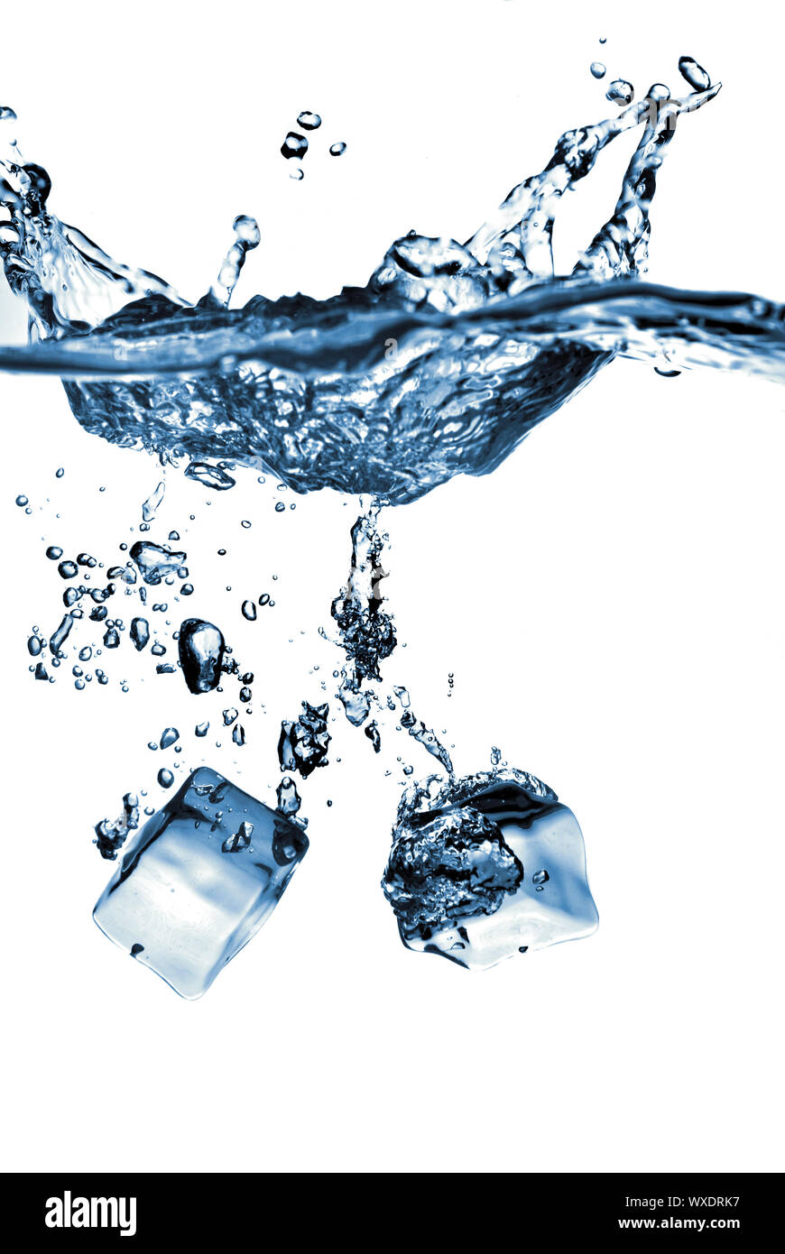 ice cubes dropped into water with splash isolated on white Stock Photo - Alamy
