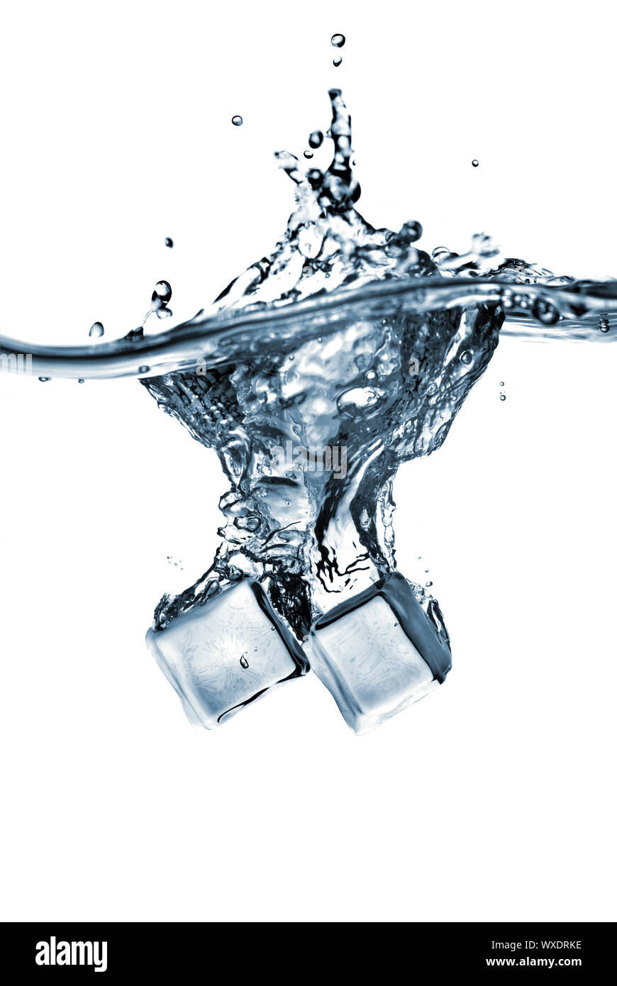 ice cubes dropped into water with splash isolated on white Stock Photo - Alamy