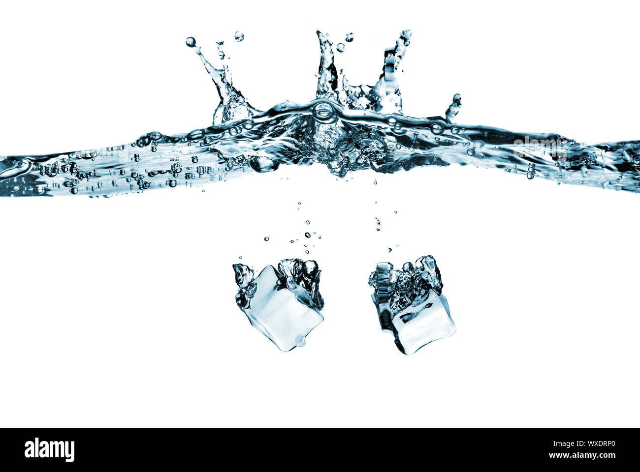 ice cubes dropped into water with splash isolated on white Stock Photo - Alamy
