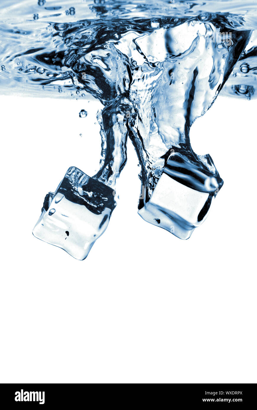 ice cubes dropped into water with splash isolated on white Stock Photo - Alamy