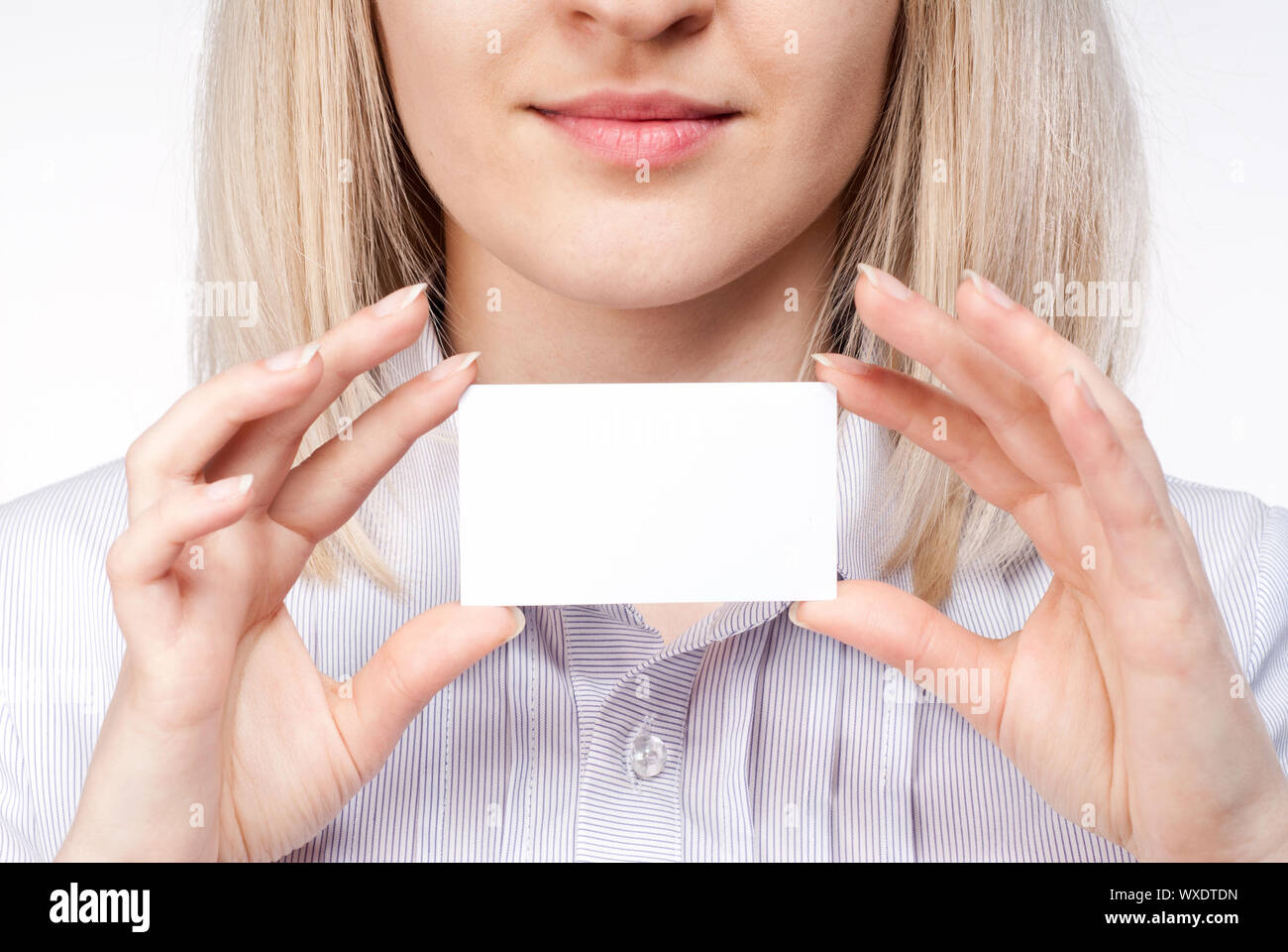 Woman hand holding empty visiting card Stock Photo - Alamy