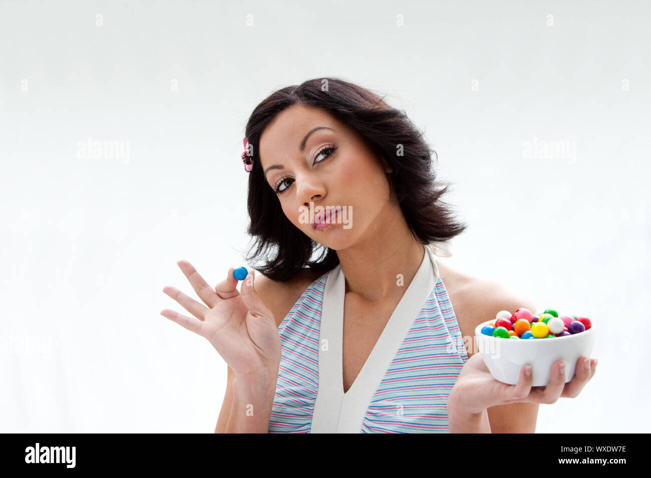 Happy Beautiful Candy Girl With A Bowl Of Colorful Bubblegum Candy