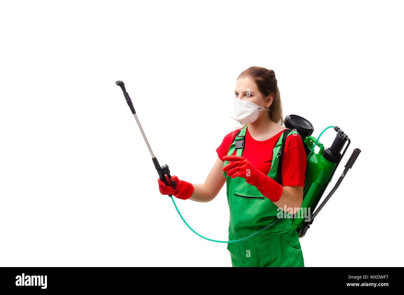 Female pest control contractor isolated on white Stock Photo - Alamy